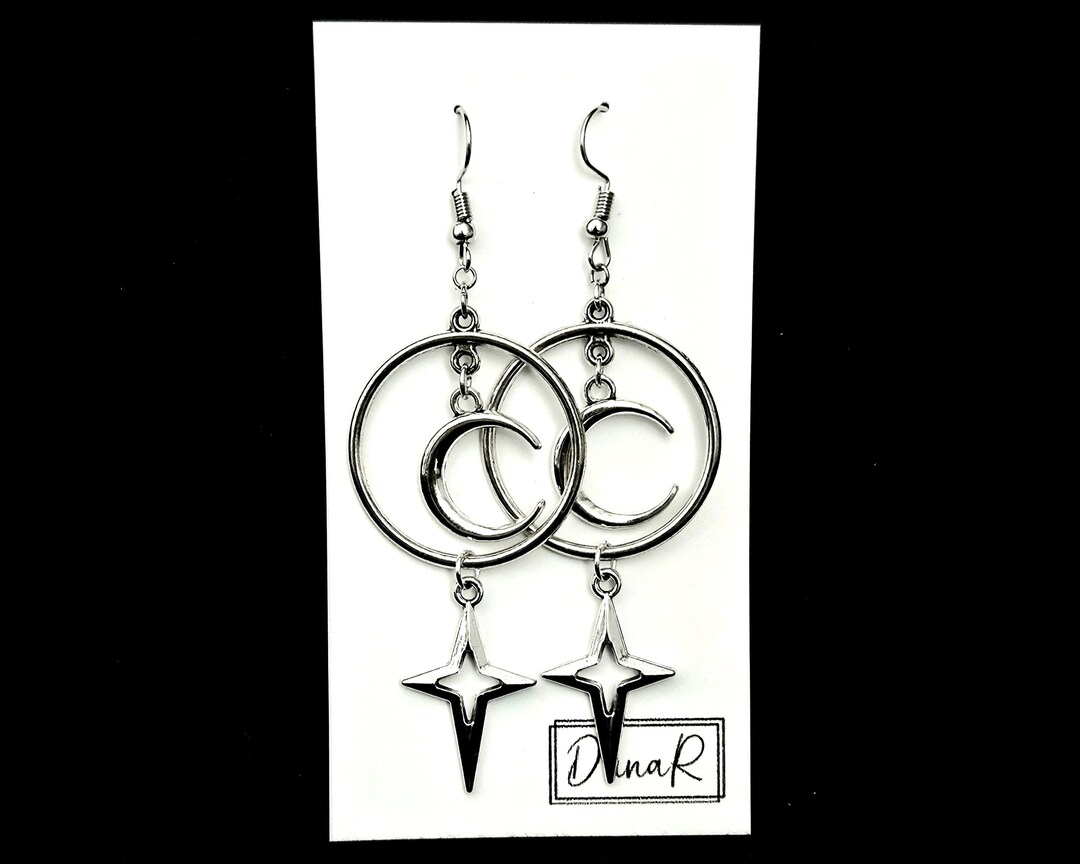 Silver Star and Crescent Moon Earrings Dangle | Gothic Celestial ...