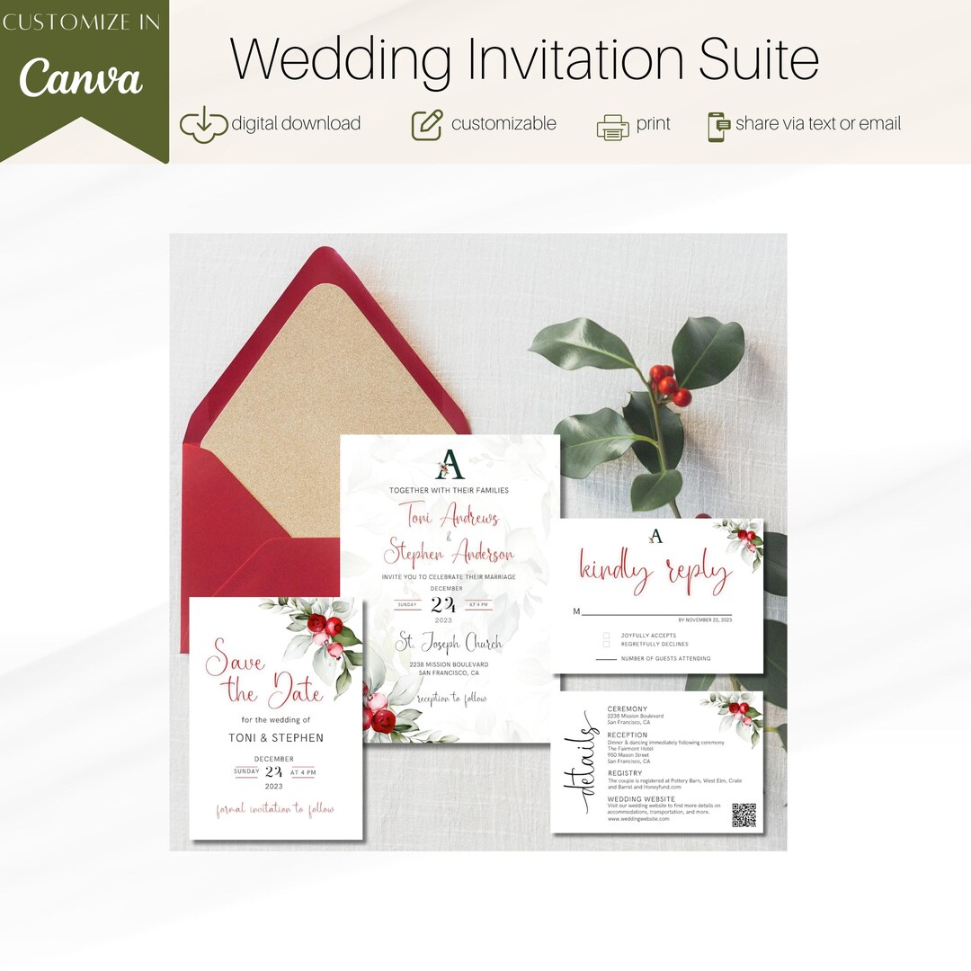 Christmas Themed Wedding Invitation Template Winter Wedding Invitation ...