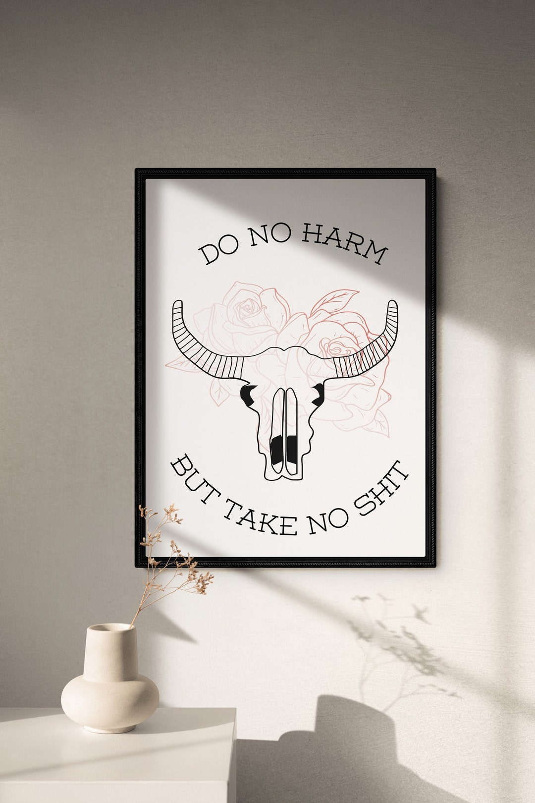 Bull Skull and Roses Graphic Print, Western Home Decor, Retro Digital ...