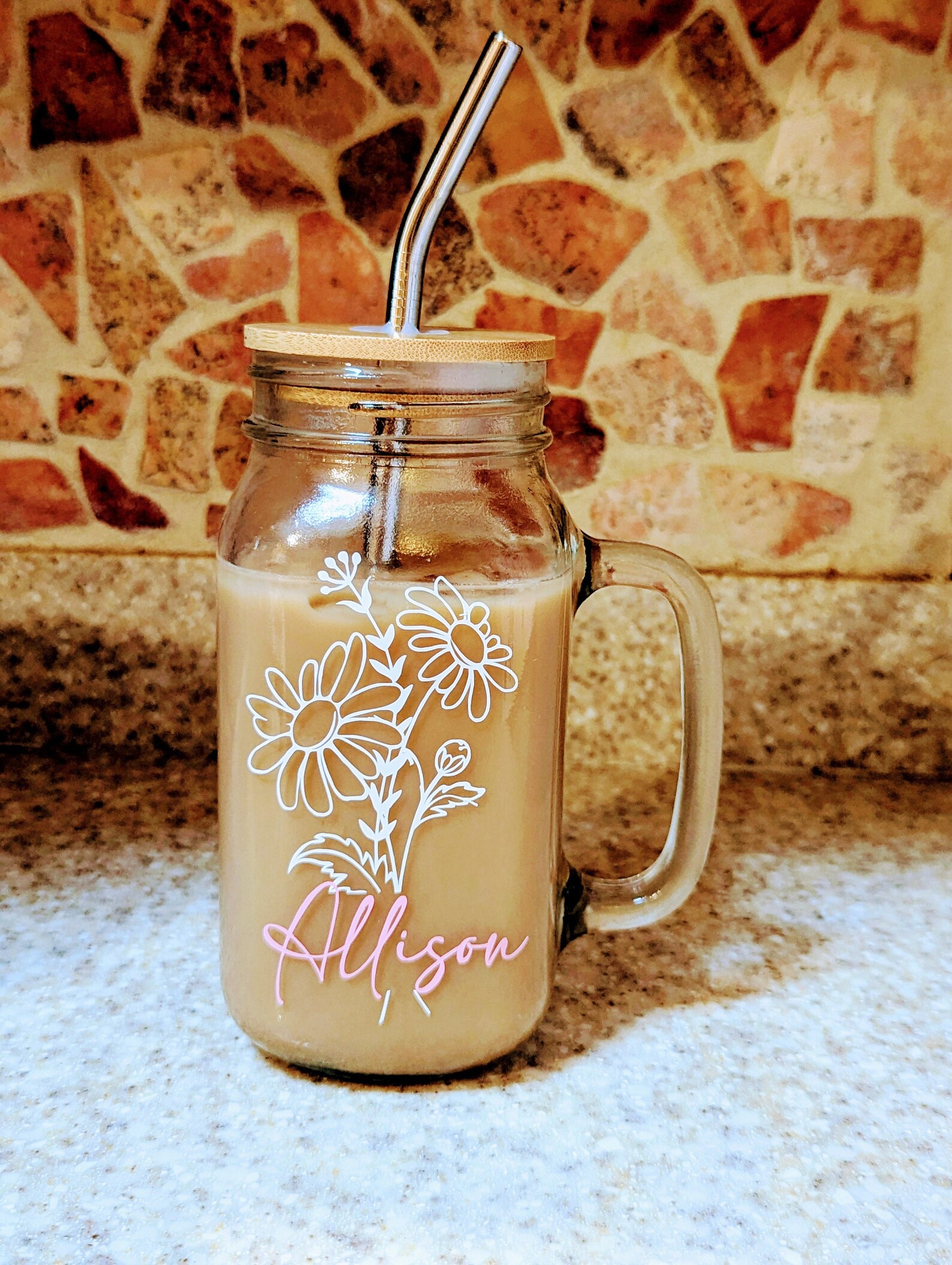 Birth Flower Mason Jar: Personalized Glass Cup With Straw, Birthday ...