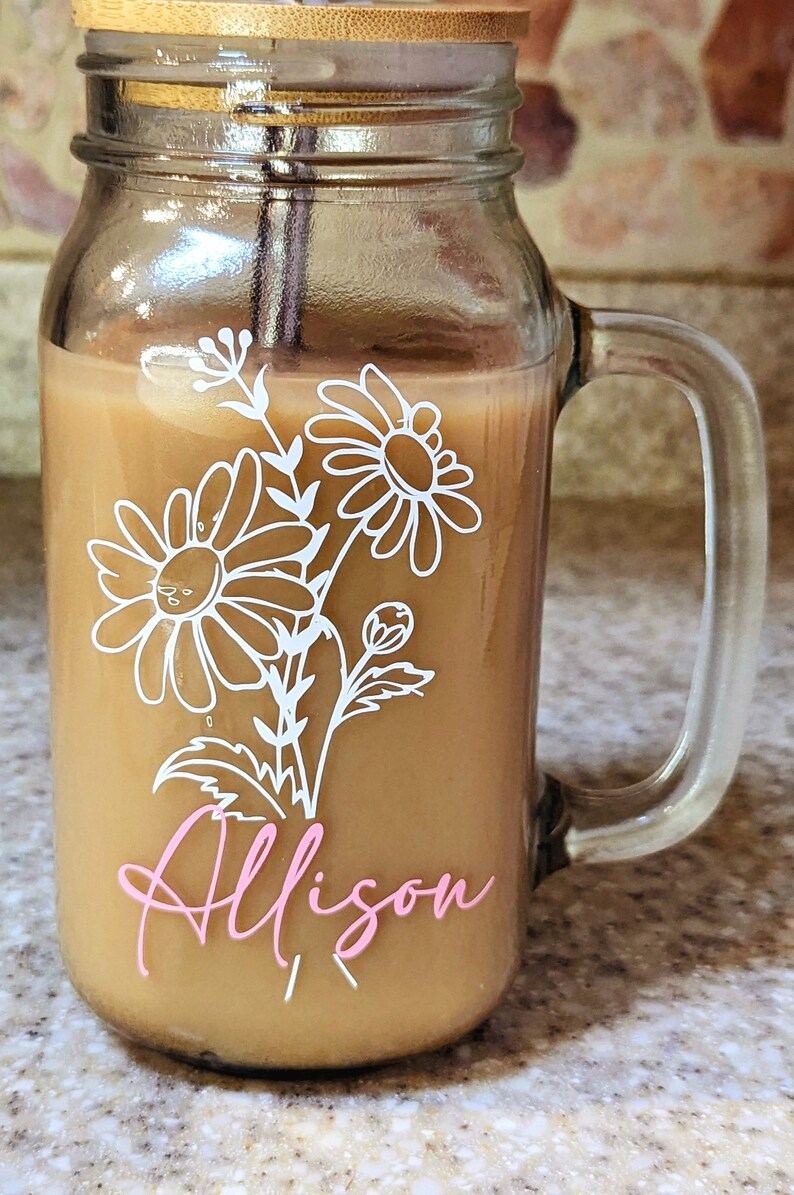 Birth Flower Mason Jar: Personalized Glass Cup With Straw, Birthday ...