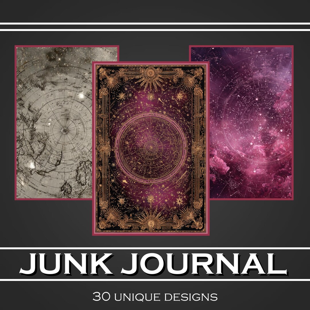 30 Cosmic Map Junk Journal Pages | Dark Pink Celestial Chart Printable ...