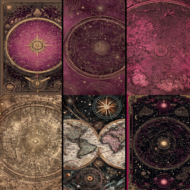 30 Cosmic Map Junk Journal Pages | Dark Pink Celestial Chart Printable ...