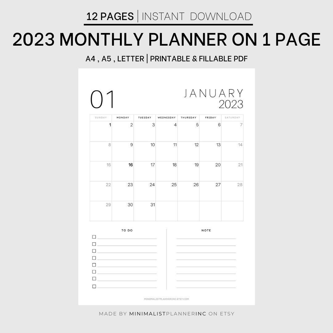 2023 Minimalist Monthly Planner on One Page, Monthly Organizer, Monthly ...