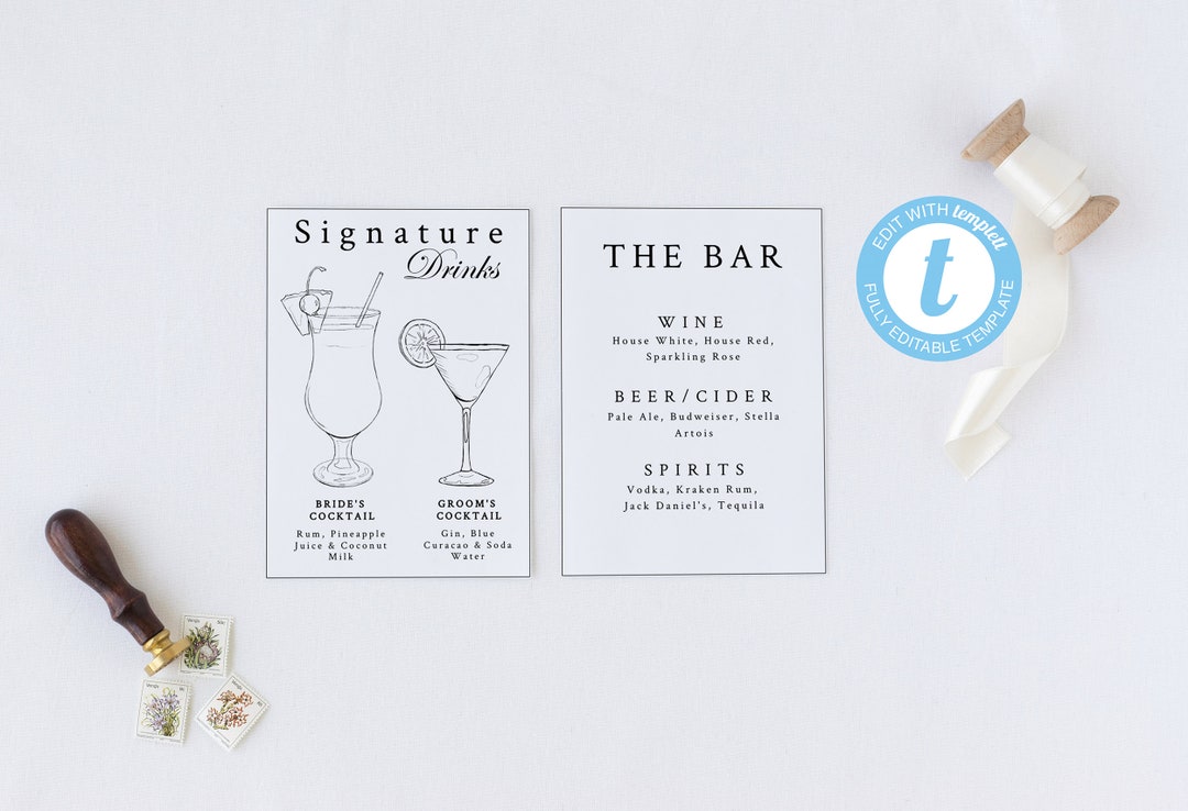 Double Sided Wedding Drinks Menu, Custom Wedding Cocktails, Editable ...