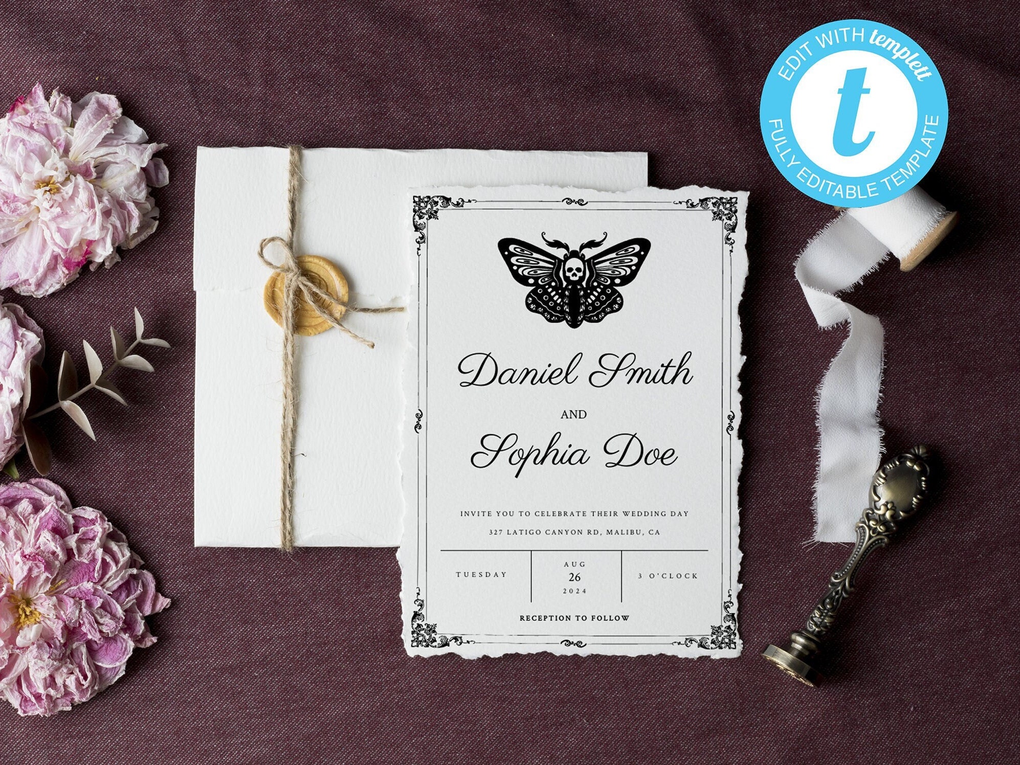 Deathmoth Gothic Wedding Invitations, Death's Head Hawk Moth, Editable ...