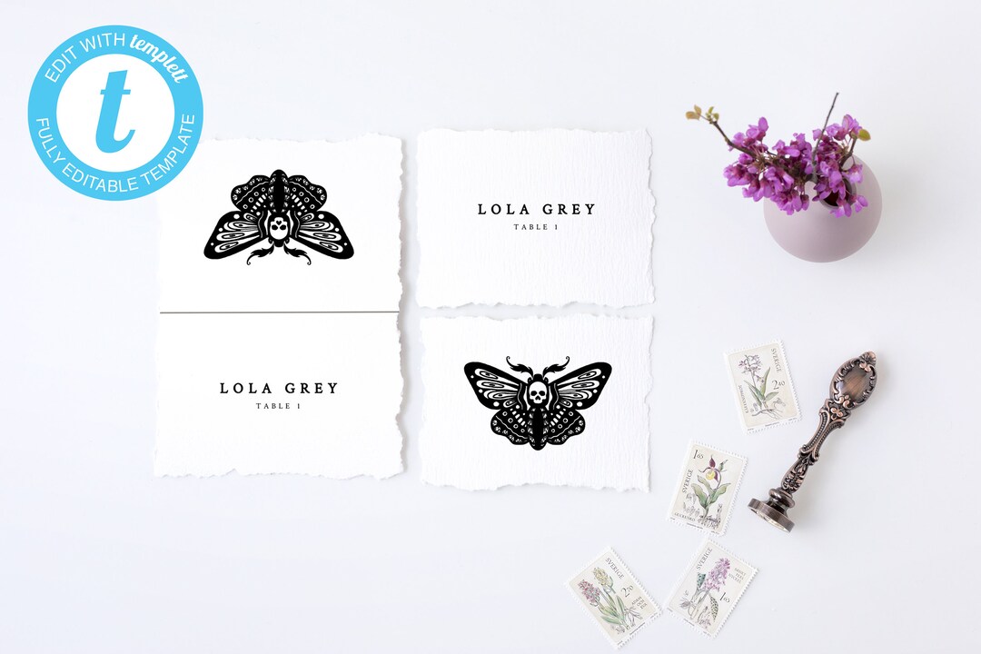 Deathmoth Gothic Wedding Place Card, Death's Head Hawk Moth, Editable ...