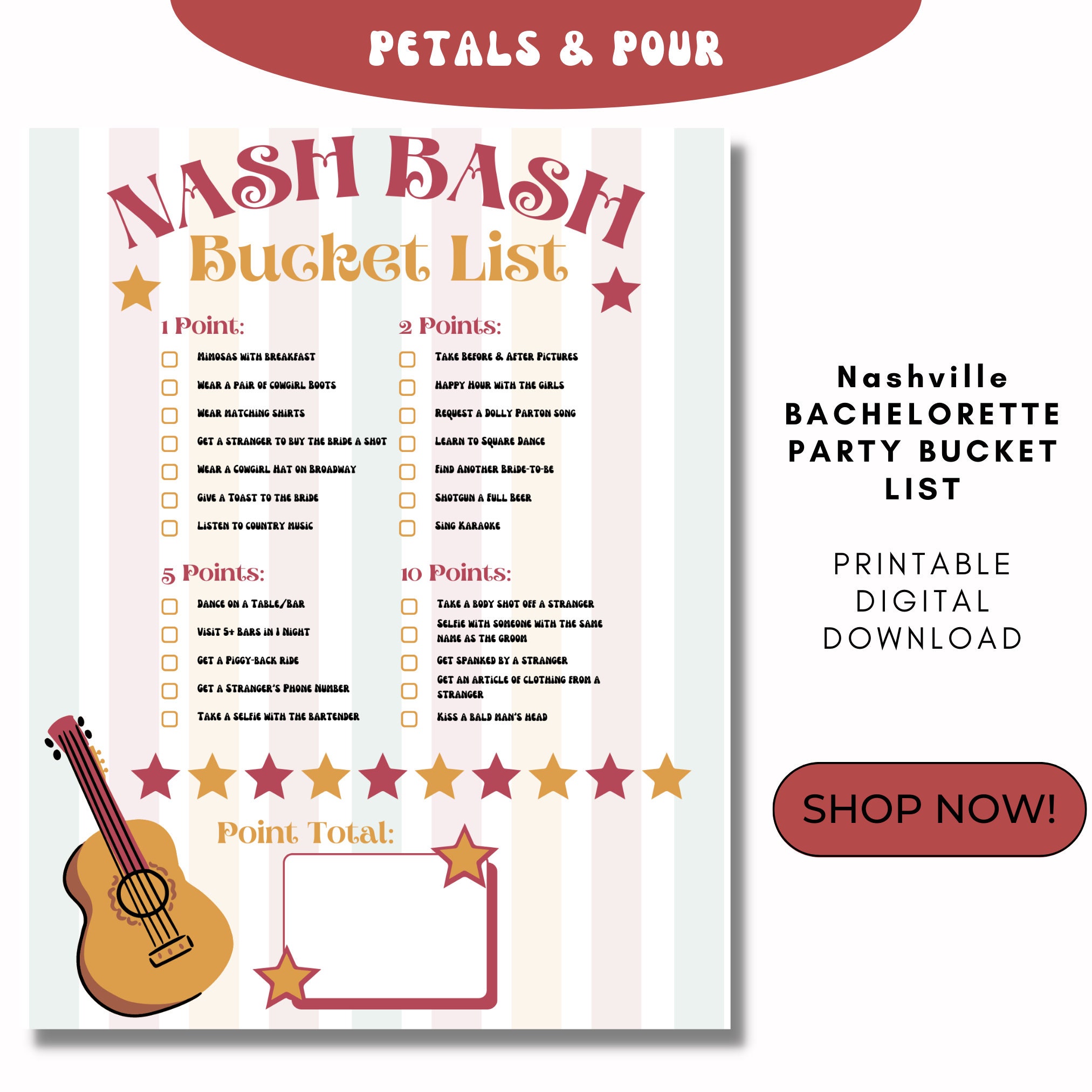 Nash Bash Nashville Bachelorette Party Bucket List Scavenger Hunt Game ...