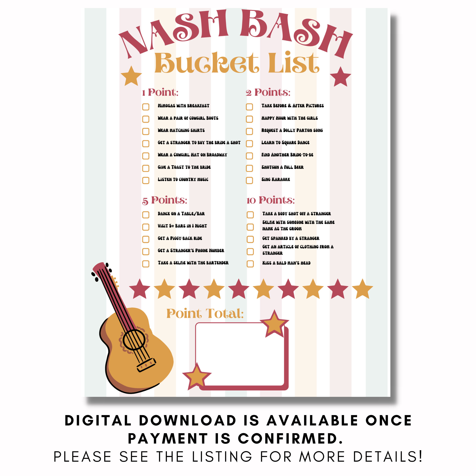 Nash Bash Nashville Bachelorette Party Bucket List Scavenger Hunt Game ...