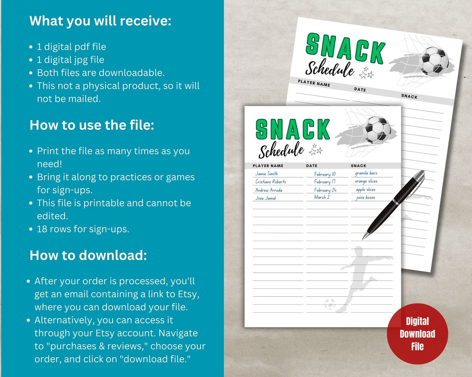 Soccer Printable Snack Sign-up Sheet for Teams | Soccer Snack Schedule ...