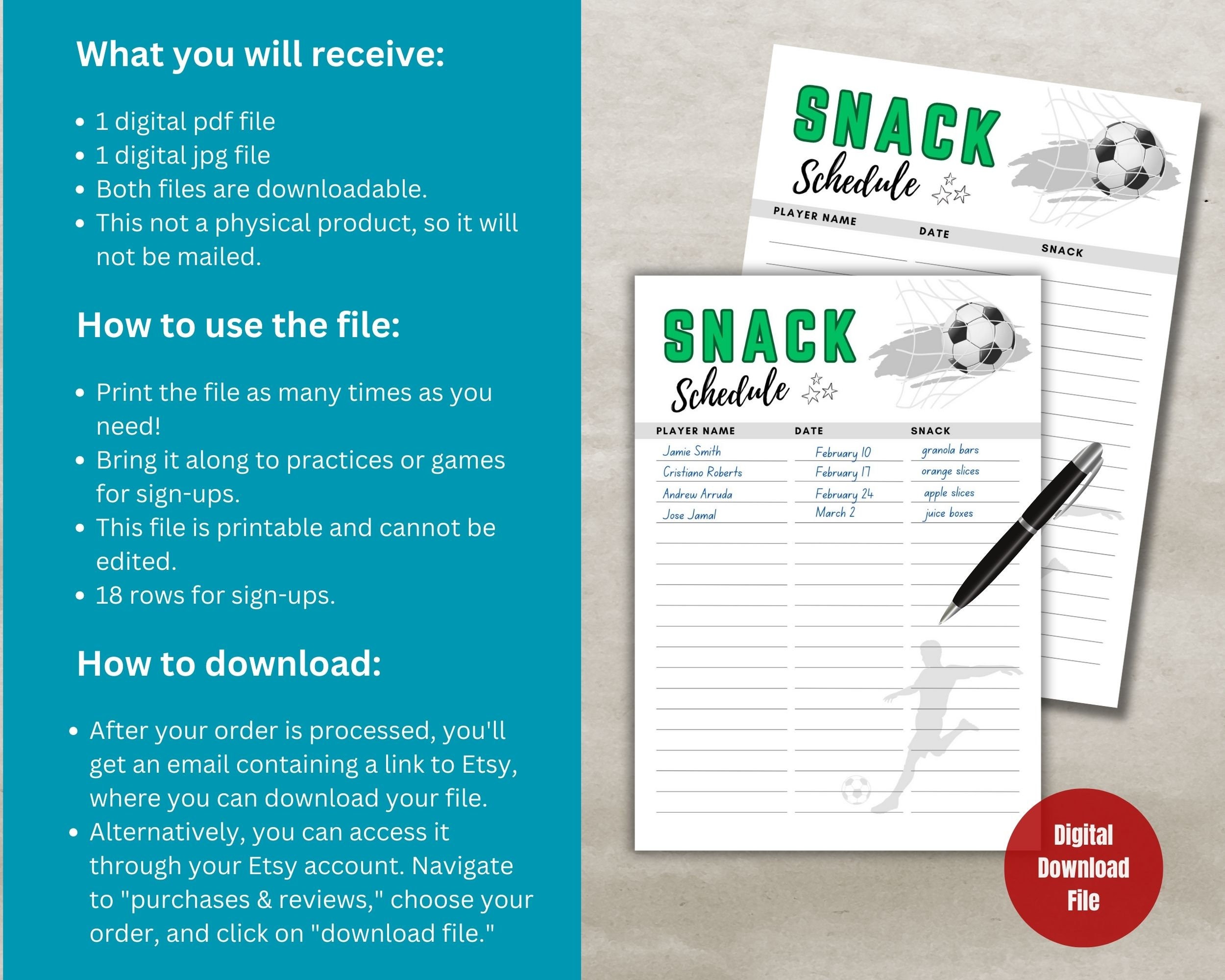 Soccer Printable Snack Sign-up Sheet for Teams | Soccer Snack Schedule ...
