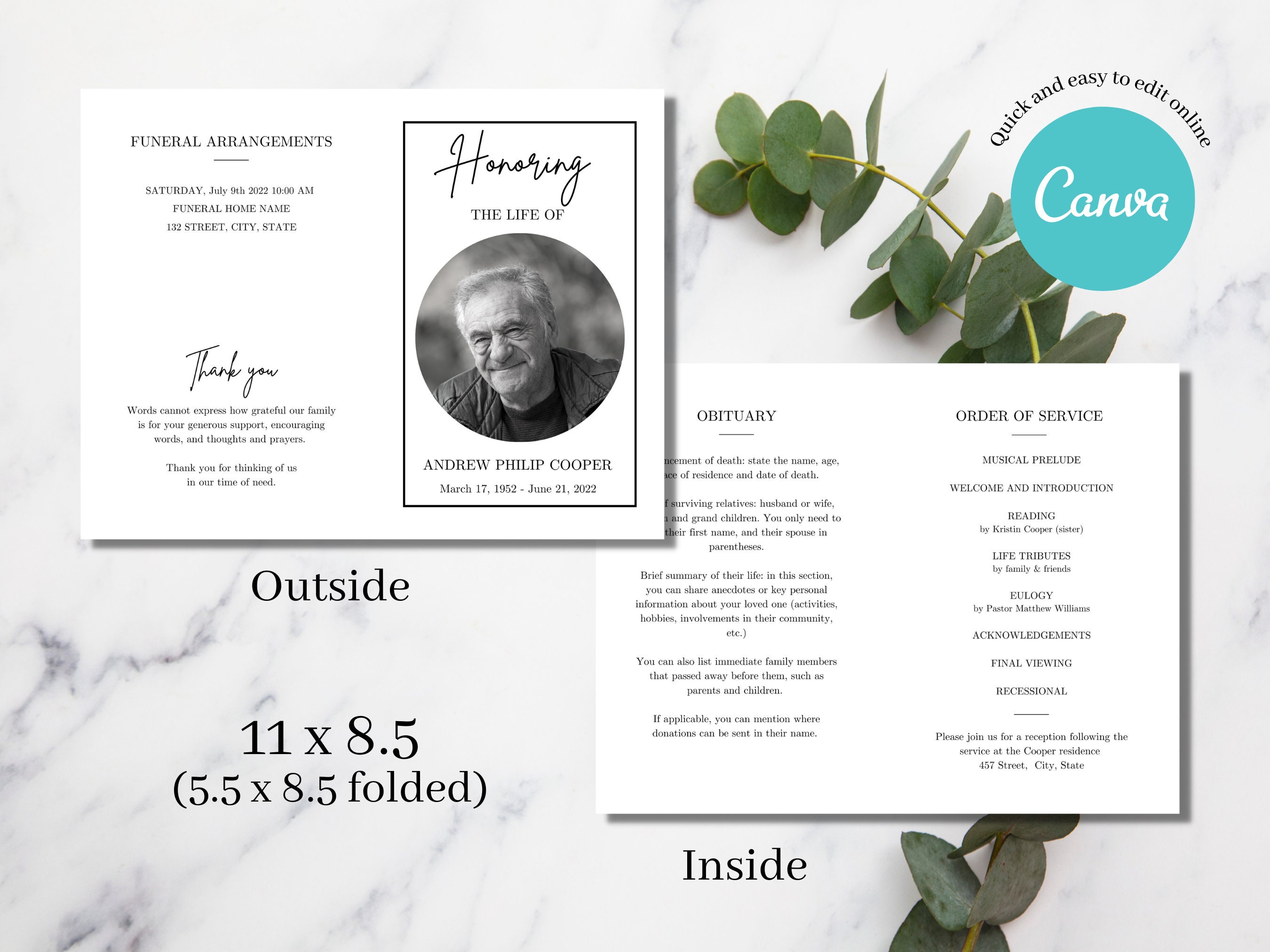 Funeral Program Template Memorial Service Program Template - Etsy