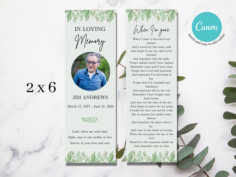 Funeral Bookmark Template Memorial Keepsake Greenery Funeral Templates ...