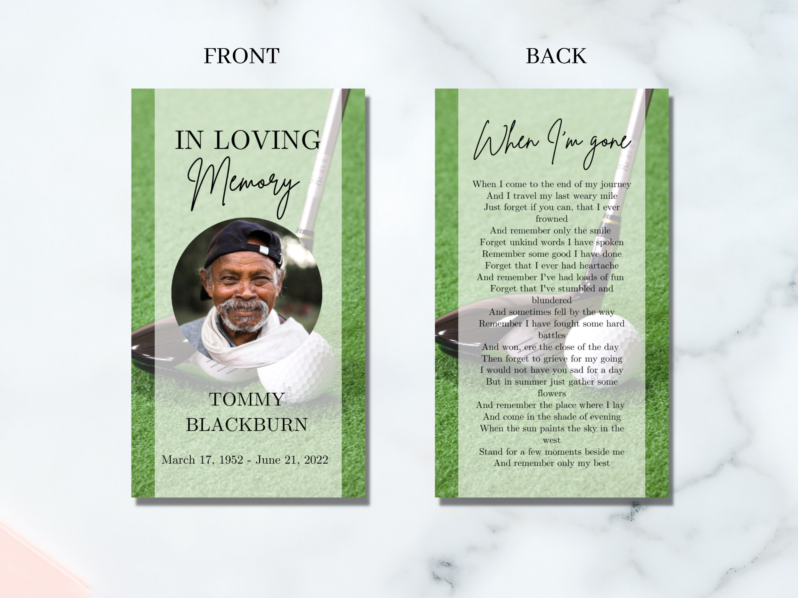 Golf Funeral Prayer Card Template | Memorial Prayer Card Template ...