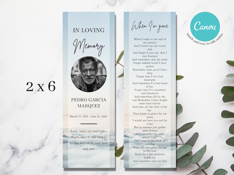 Funeral Bookmark Template | Memorial Keepsake | Funeral Templates Sky ...