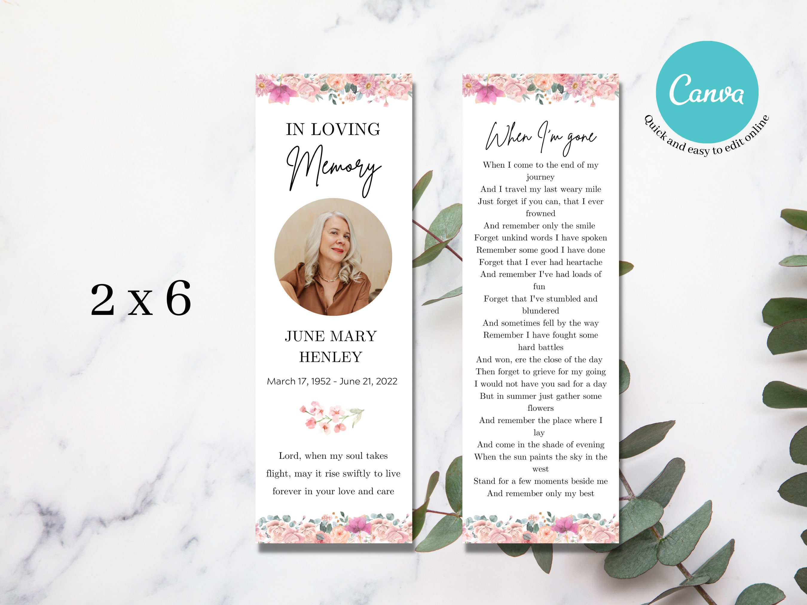 Funeral Bookmark Template | Memorial Keepsake | Funeral Templates for ...