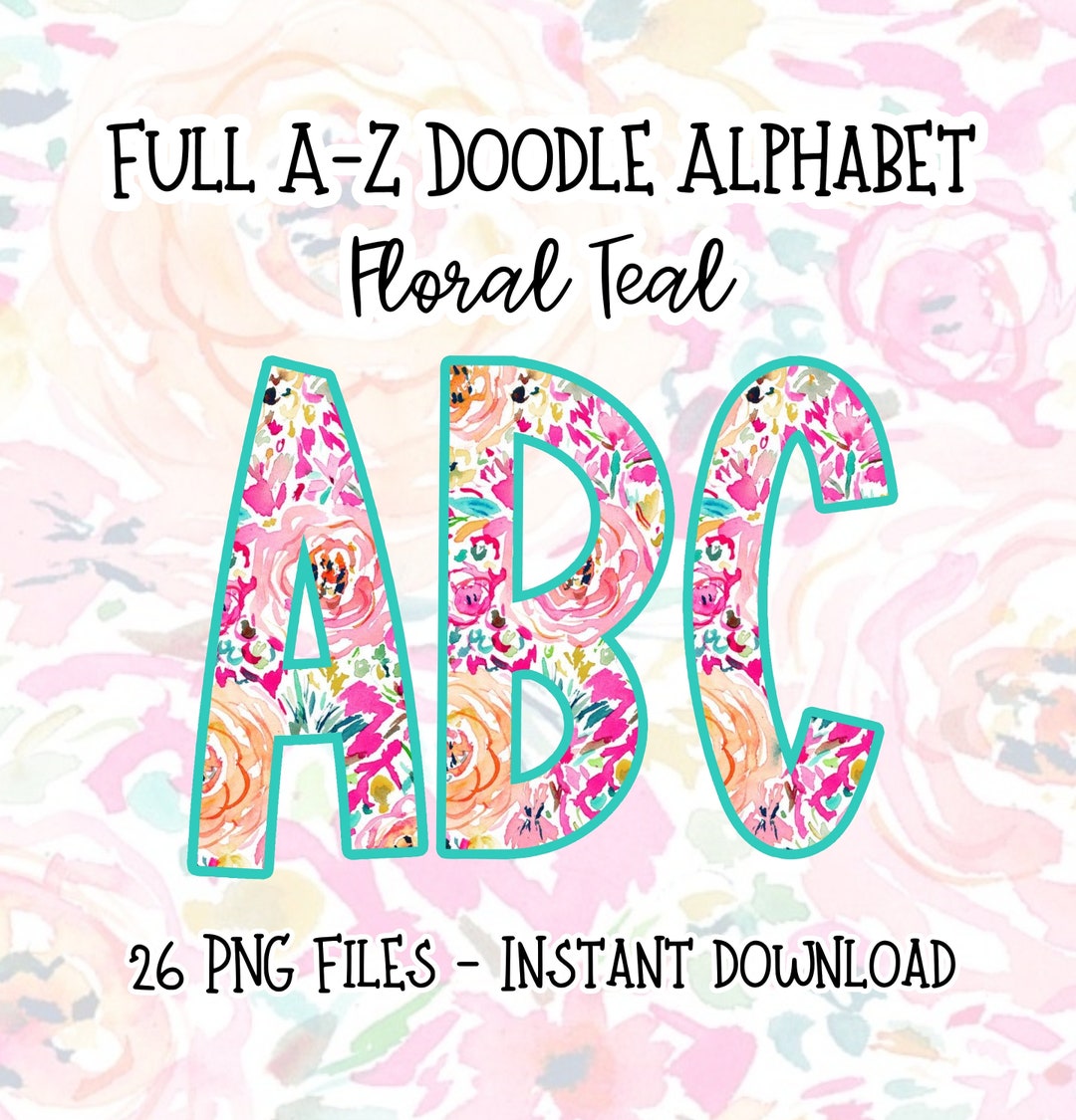 Floral Teal Alphabet Preppy Font Clipart PNG SVG Sublimation and Heat ...