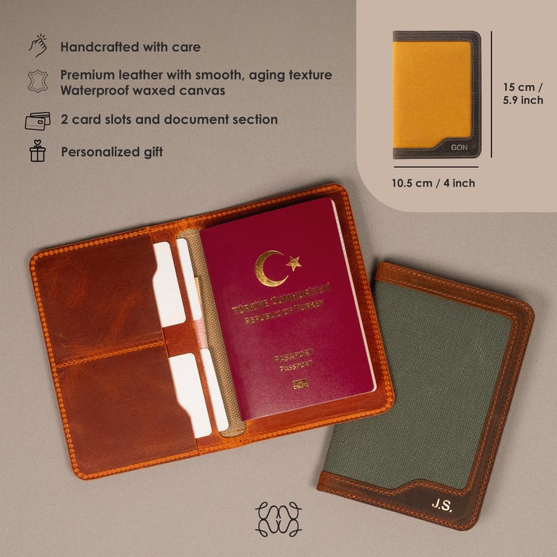 Leather Passport Holder, Waxed Canvas Travel Wallet, Personalized Gift ...