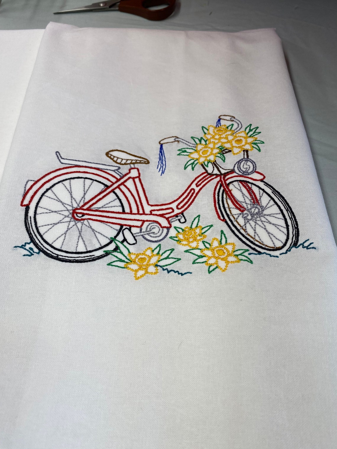 Bike of Blooms Machine Embroidered Flour Sack Tea Towels, Dish Towels ...