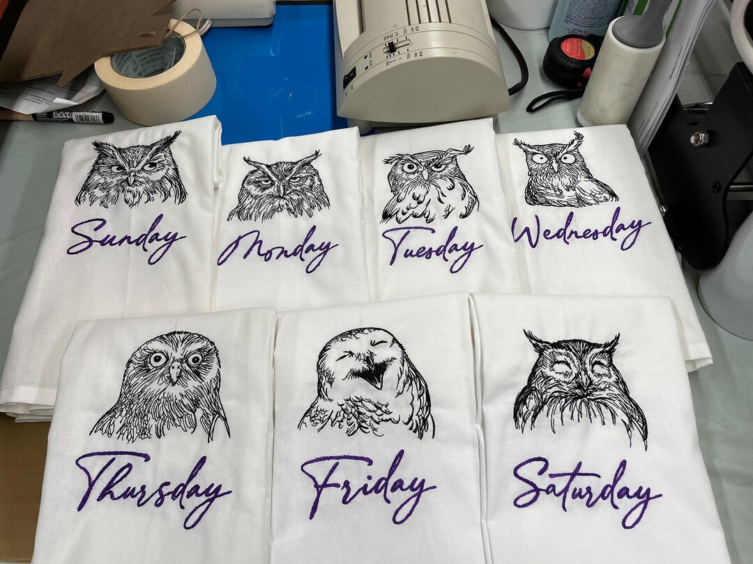 Owl in a Mood” Days of the Week Machine Embroidered Flour Sack Tea ...