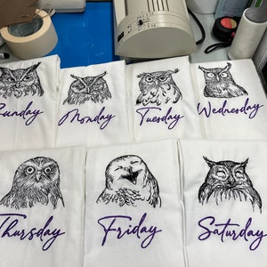 Owl in a Mood” Days of the Week Machine Embroidered Flour Sack Tea ...