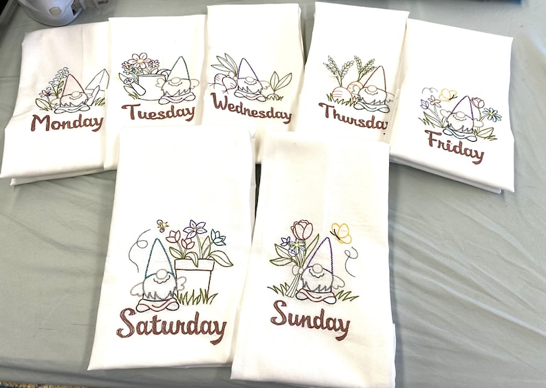 Vintage Gnome Days of the Week Machine Embroidered Flour Sack Tea Towels, Dish Towels - Etsy