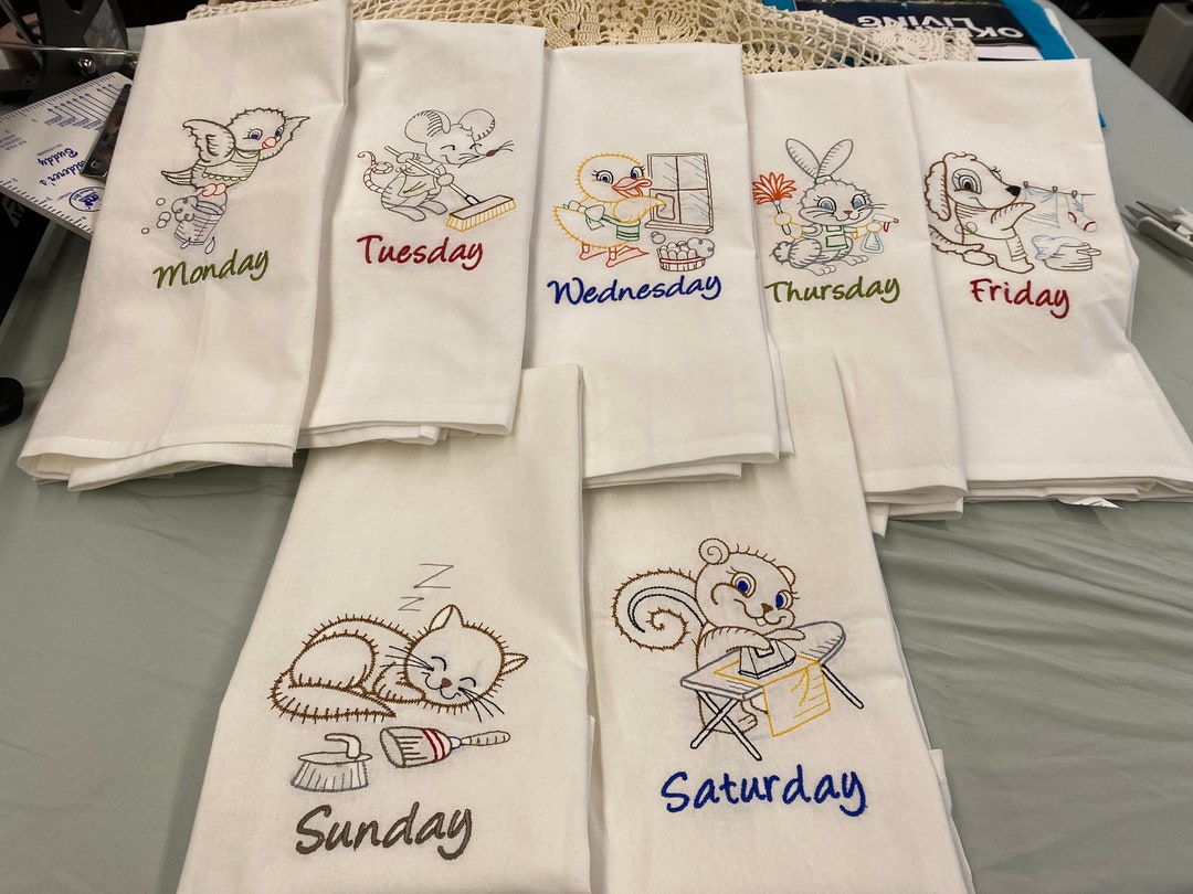 Chore Animals Days of the Week Machine Embroidered Flour Sack Tea ...