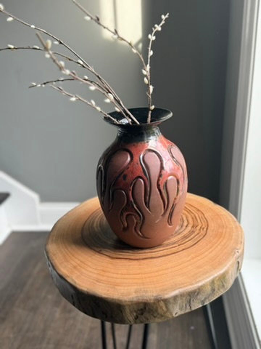 Handmade Wheel-thrown Pottery Vase With Hand Carved Fire Flames in Red ...