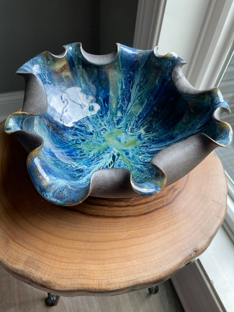 Handmade, Wheel-thrown, Dark Brown Clay, Ruffled Bowl. This is a ...