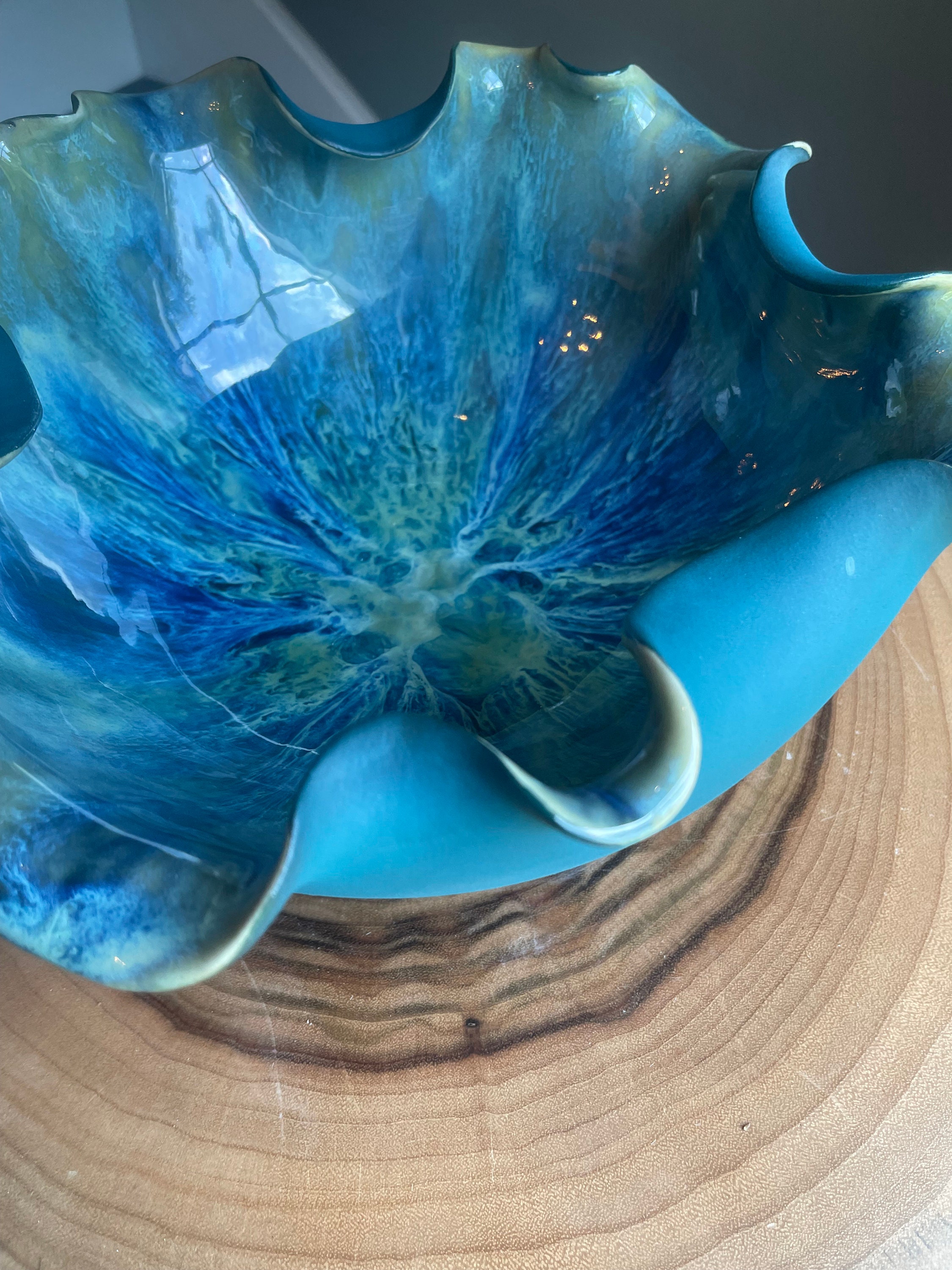 Blue Green, Organic, Fluted, Ruffle Bowl. This is a Wheel-thrown ...