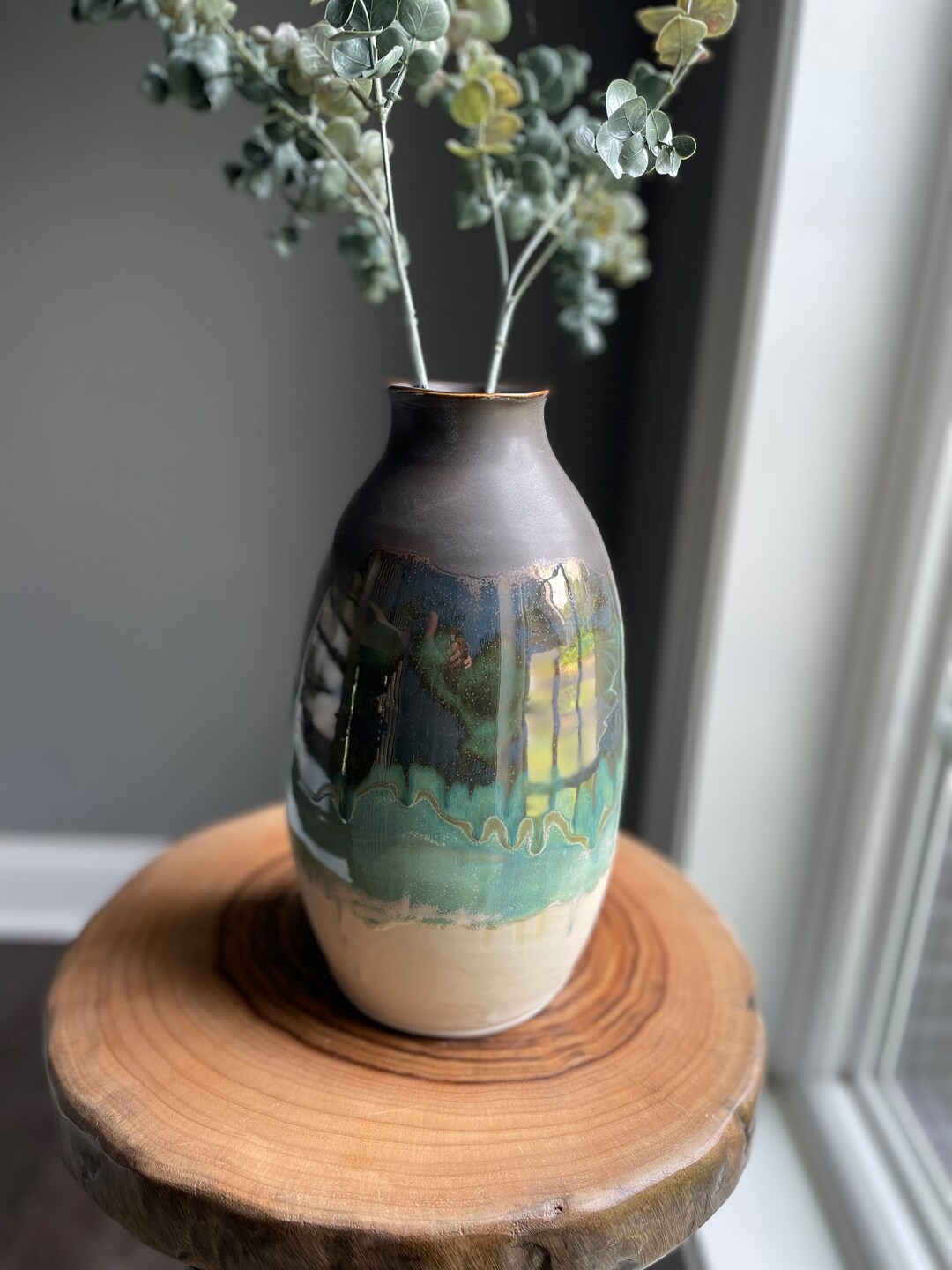 Big Handmade and Wheel Thrown Vase Glazed in Brown Green and White ...