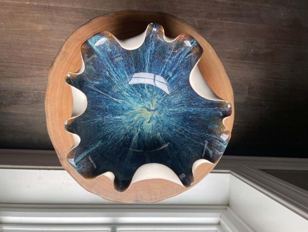 Handmade Porcelain Ruffle Bowl Done on Brilliant Shades of Blue, Purple ...
