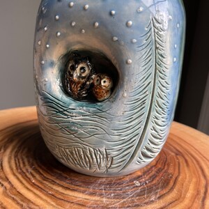 Cute Vase With Hand Carved Owls Huddled in a Tree in the Snow. It is ...