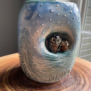 Cute Vase With Hand Carved Owls Huddled in a Tree in the Snow. It is ...