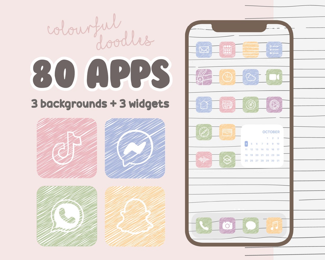 IOS 16 App Icons 80 Pack Doodle Kawaii Hand Drawn Pink Blue - Etsy