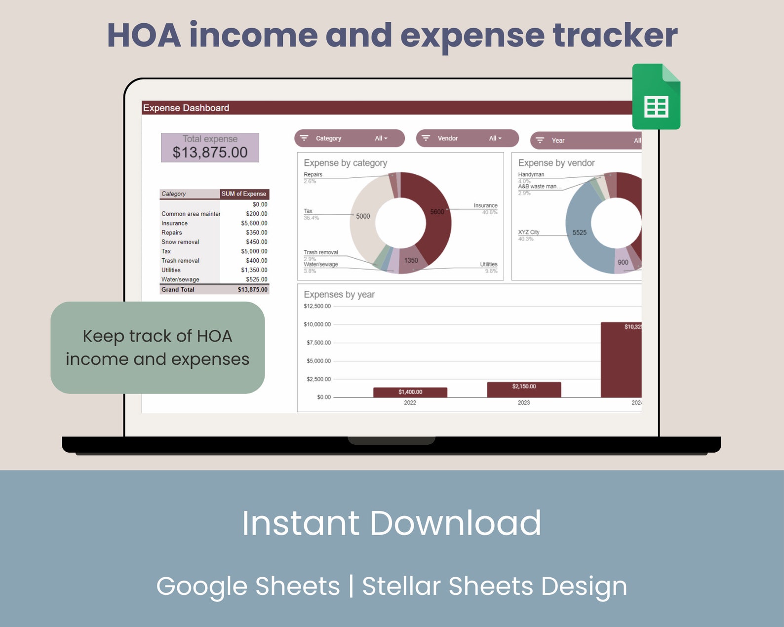 HOA Income & Expense Tracker: Google Sheets Template (digital Download ...