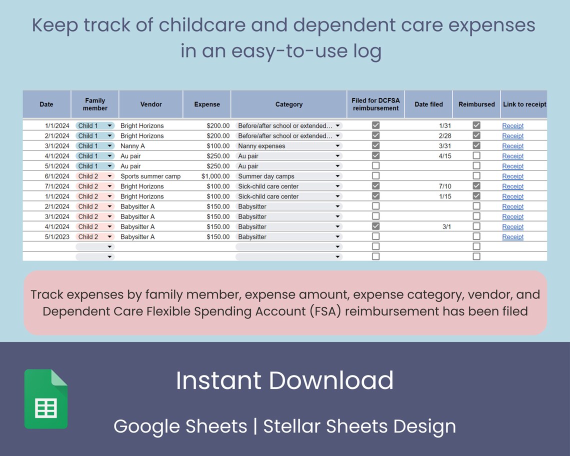 Childcare Dependent Care FSA Expense Reimbursement Tracker Google ...