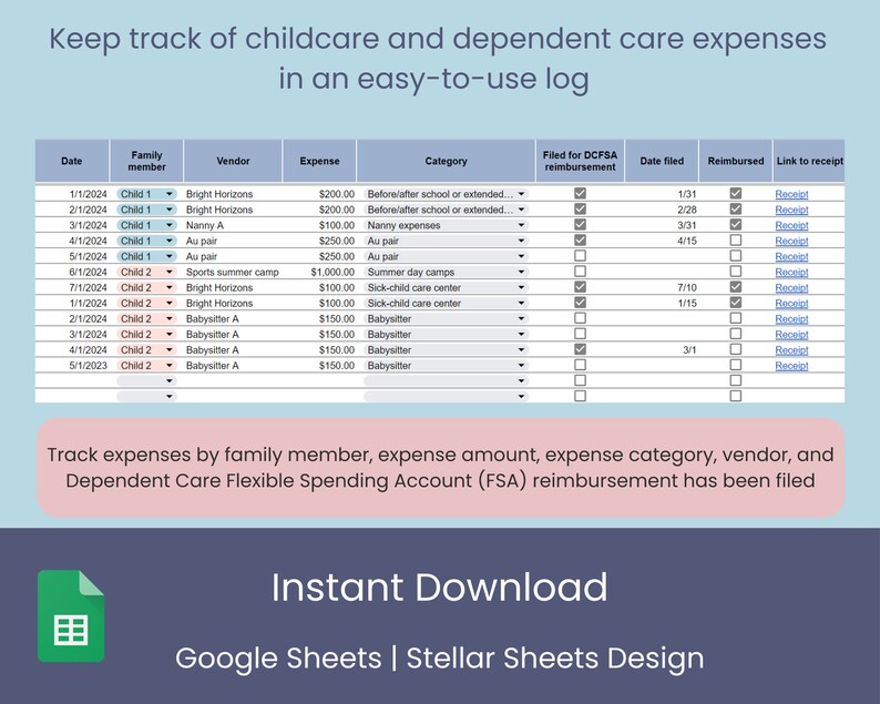 Childcare Dependent Care FSA Expense Reimbursement Tracker Google ...