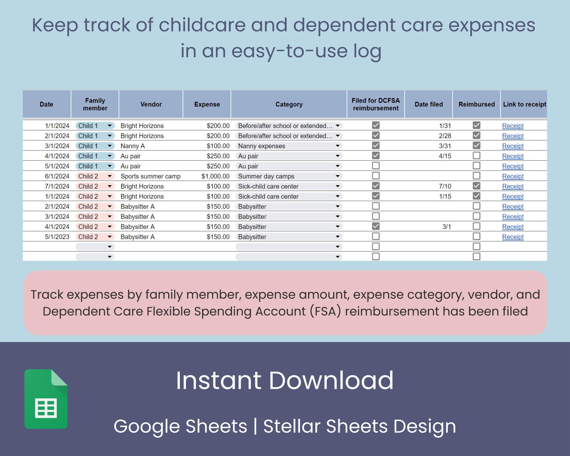 Childcare Dependent Care FSA Expense Reimbursement Tracker Google ...