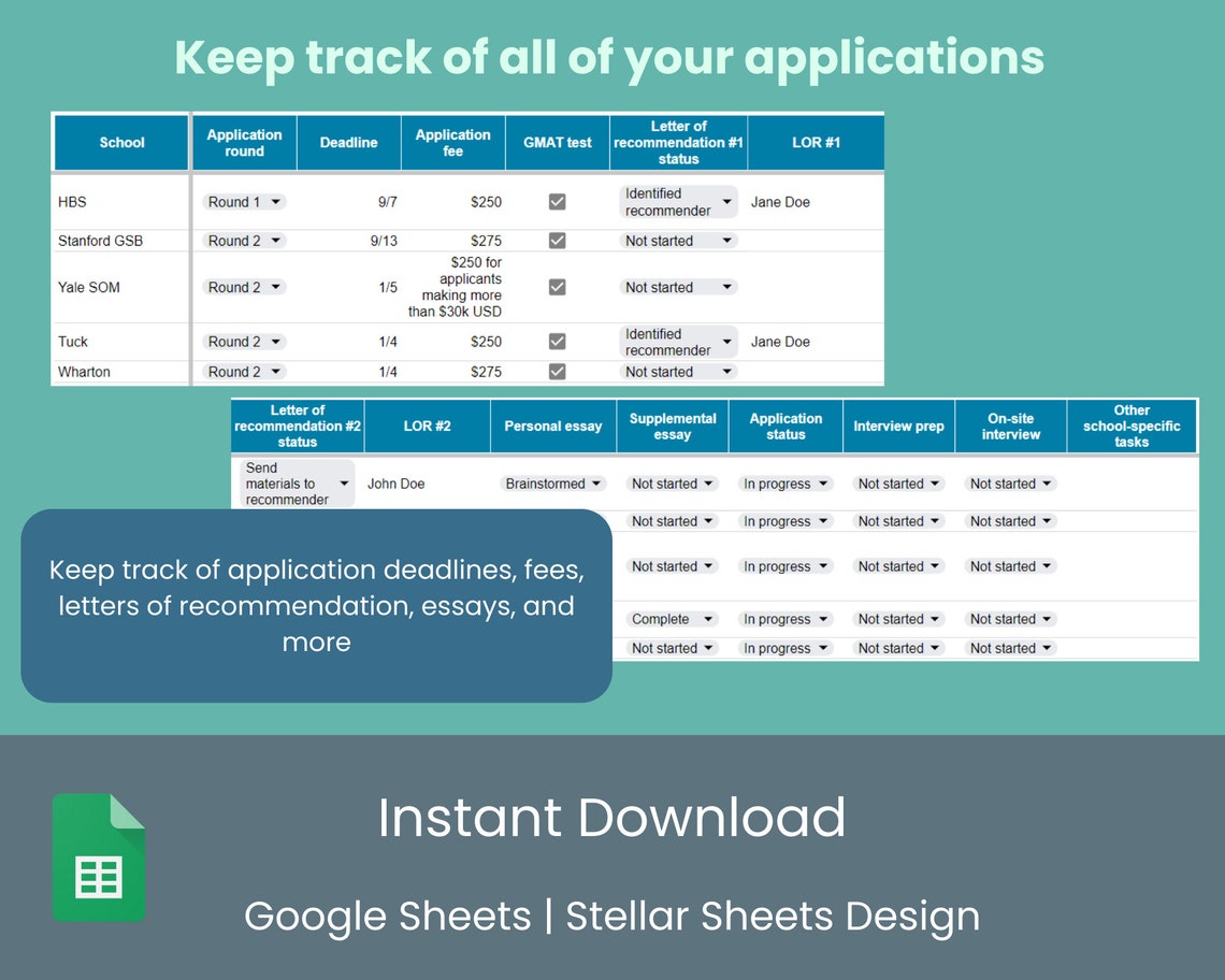 MBA Business School Application Tracker Graduate Admissions Planner ...