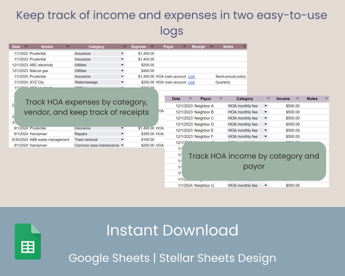 HOA Income & Expense Tracker: Google Sheets Template (digital Download ...