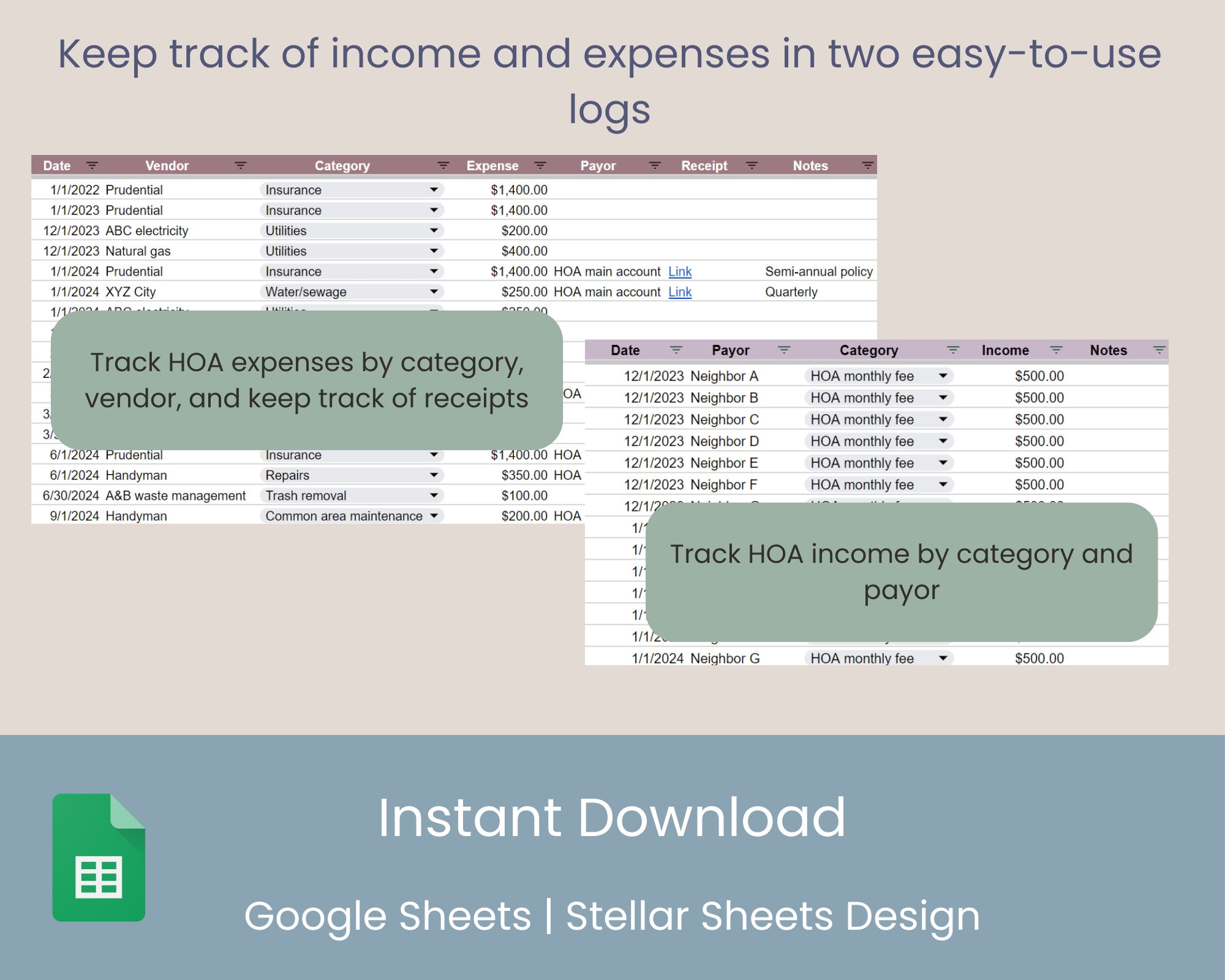 HOA Income & Expense Tracker: Google Sheets Template (digital Download ...