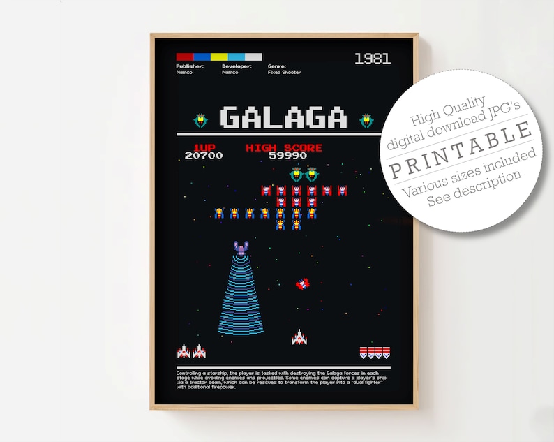 Galaga PRINTABLE Wall Art | Galaga Poster | Retro Game Print| Black ...