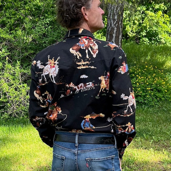 Western Cowboy Print Button up Shirt - Etsy