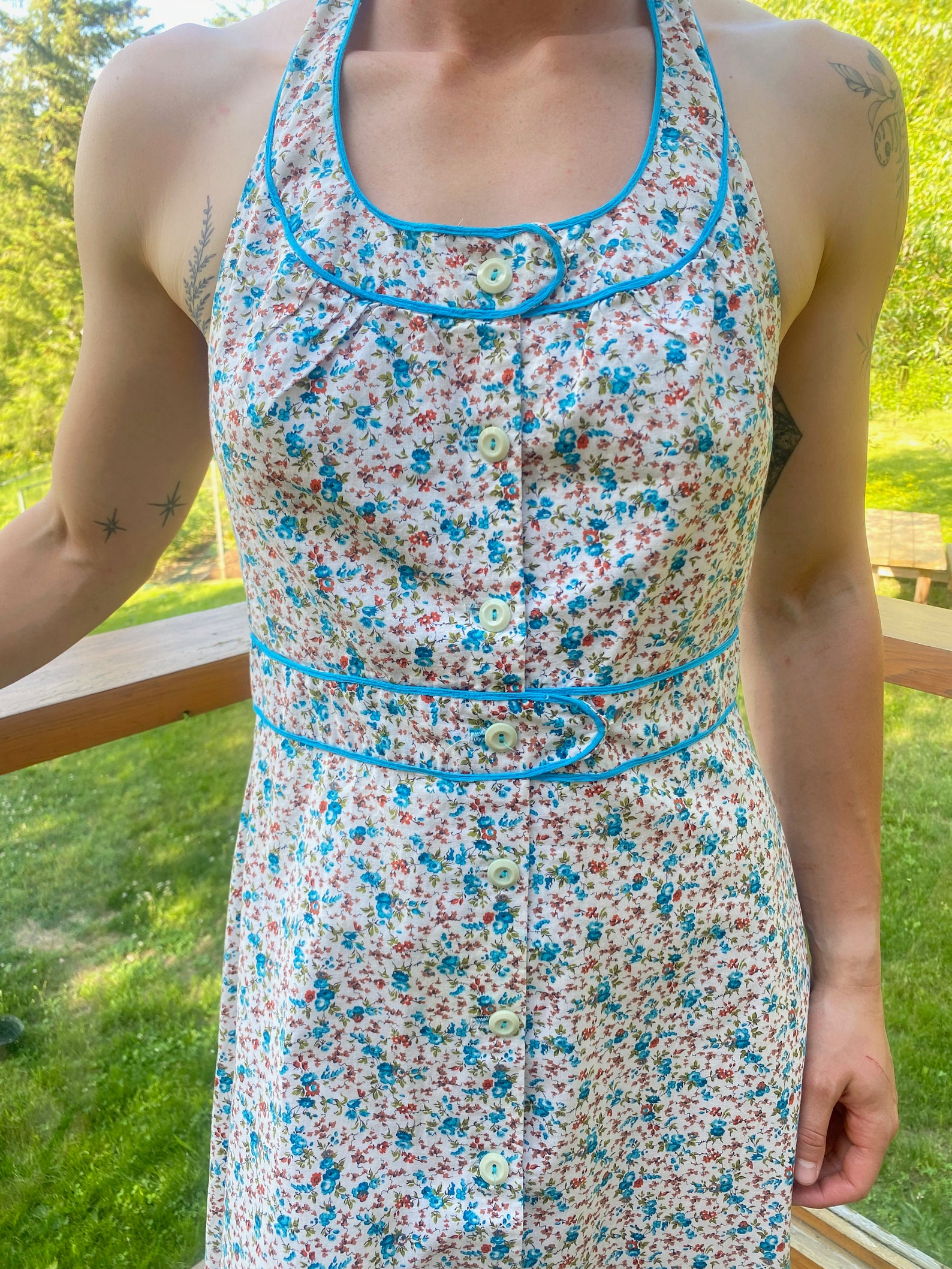 Vintage 70s Floral Halter Sundress: Turquoise Trim, Button Front (size ...