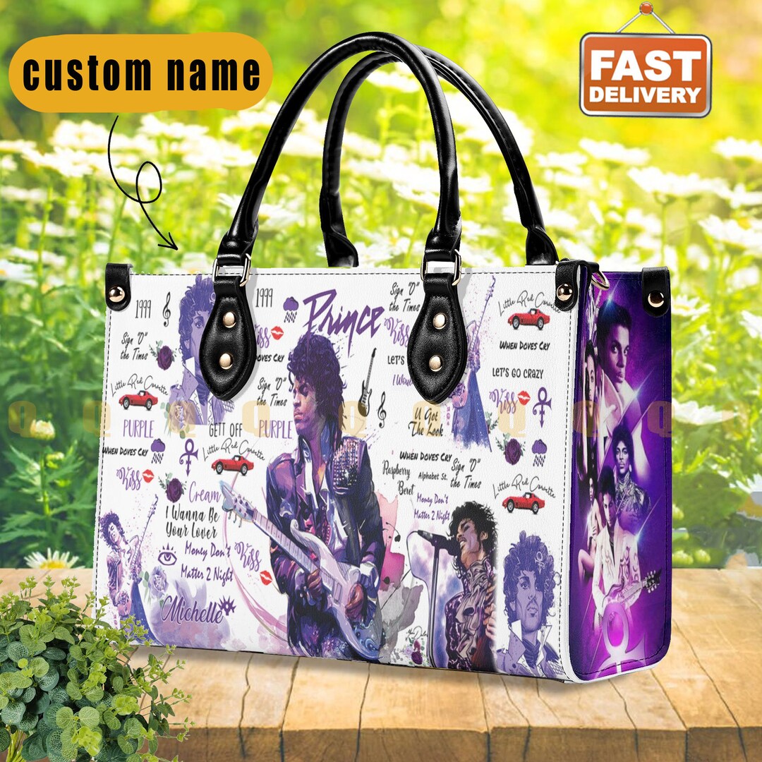 Prince Singer Leather Handbag, Watercolor Art Prince Purple Women Bag ...