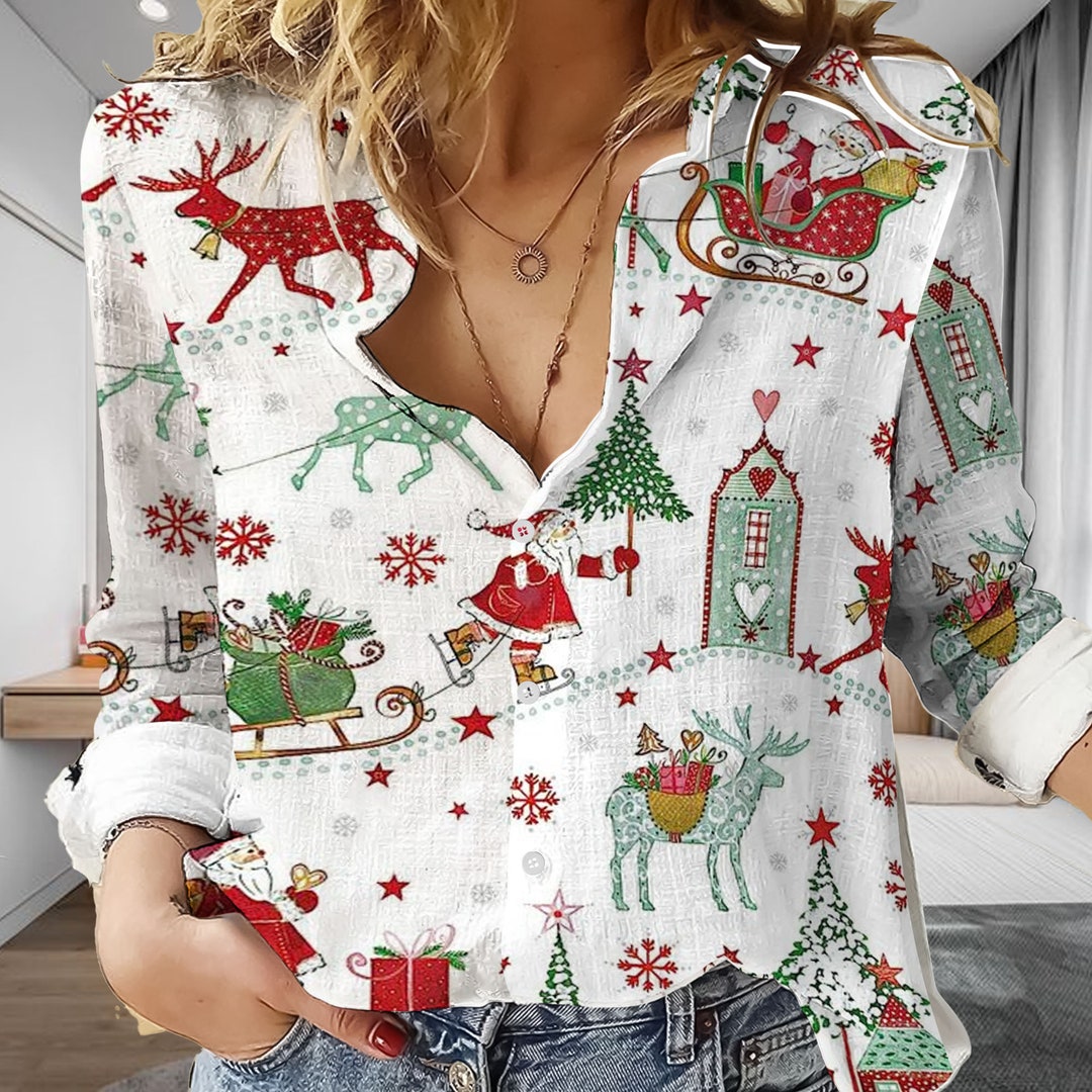 Christmas Women Casual Shirt,christmas Casual Long Sleeve Button Down ...