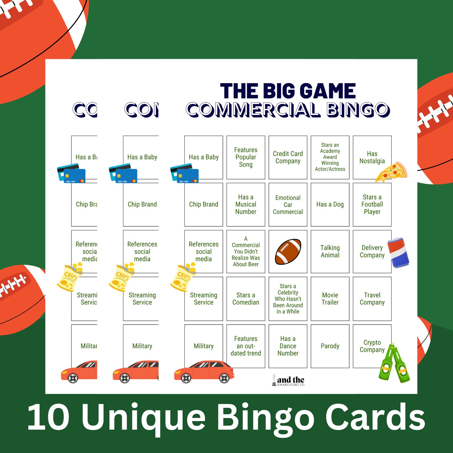 The Big Football Game Commercial Bingo Cards 10 Unique Bingo Cards ...