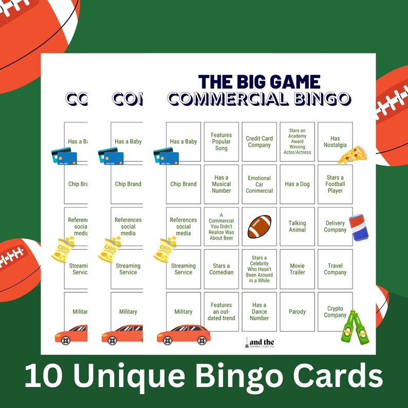 The Big Football Game Commercial Bingo Cards 10 Unique Bingo Cards ...