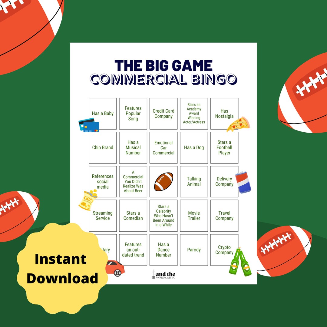 The Big Football Game Commercial Bingo Cards 10 Unique Bingo Cards ...